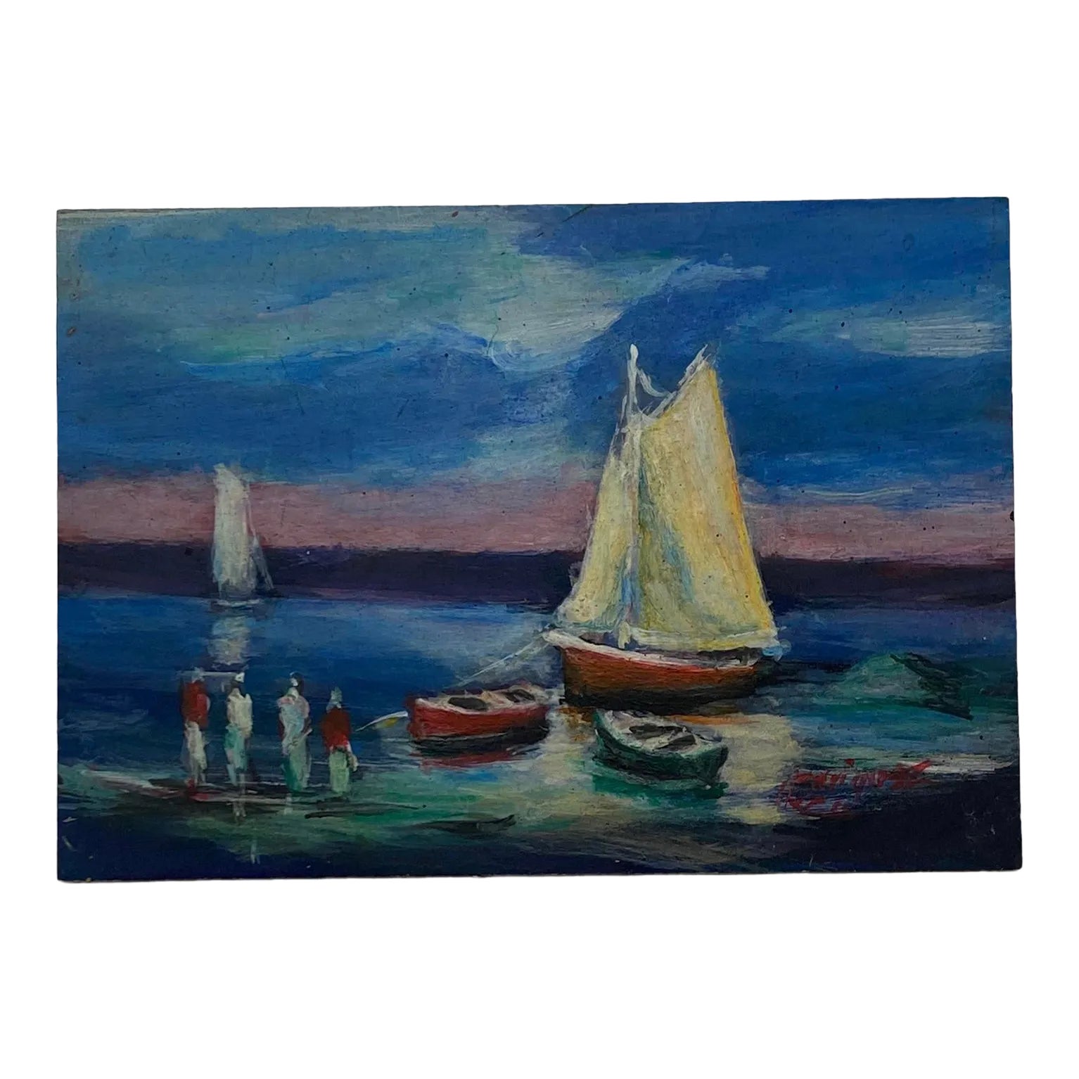Early 21st Century Argentine Small Oil on Board “Boats on the Lake ...