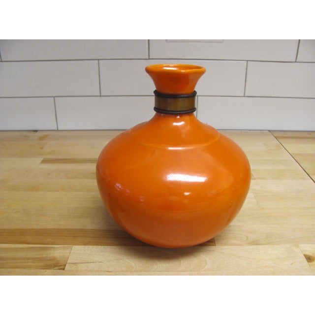 Vintage Bauer Wood Handle Pitcher in an Orange Glaze | Chairish