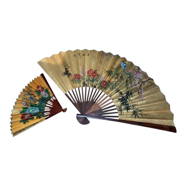 Pair of Large Unmatched Decorative Asian Fans | Chairish