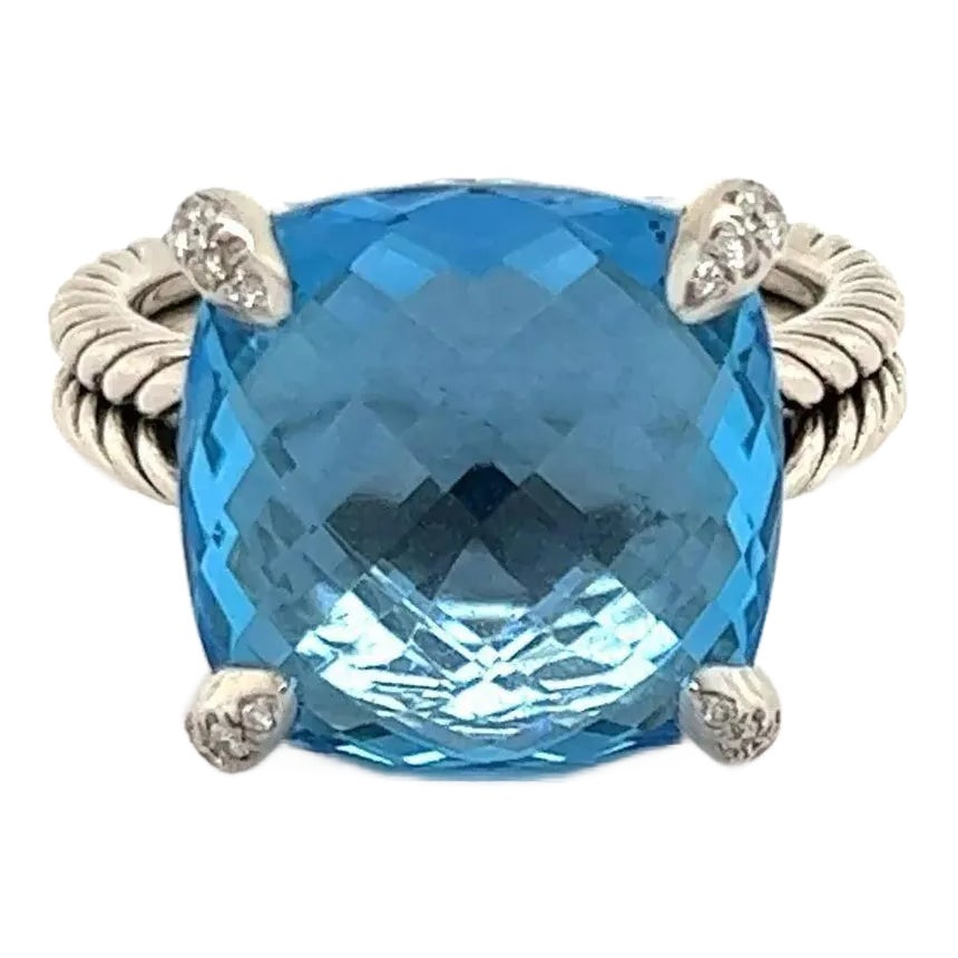 David Yurman Chatelaine Diamond Blue Topaz Sterling Silver Ring | Chairish