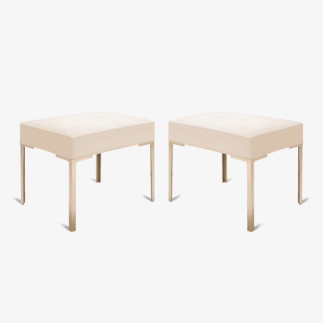 Astor Brass Ottomans in Bone Ultrasuede by Montage, Pair | Chairish