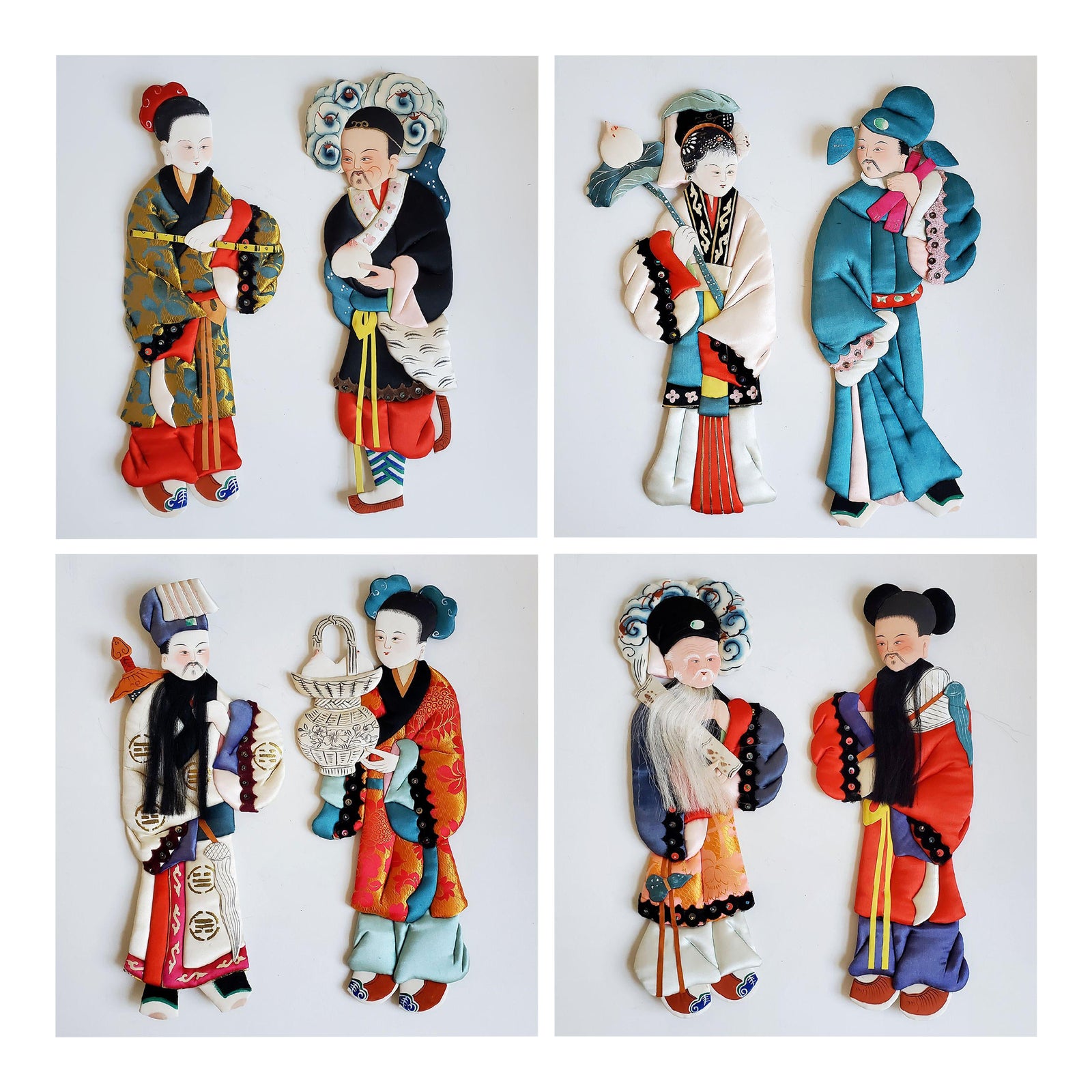 Set of 8 Vintage Handpainted Silk Japanese Immortal Paper Dolls | Chairish