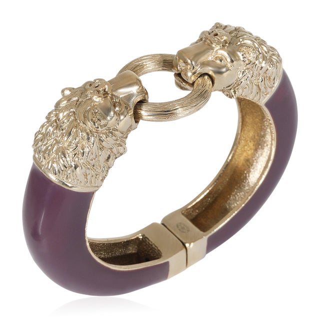 Chanel Lion Head Purple Enamel Gold Tone Cuff Bracelet | Chairish