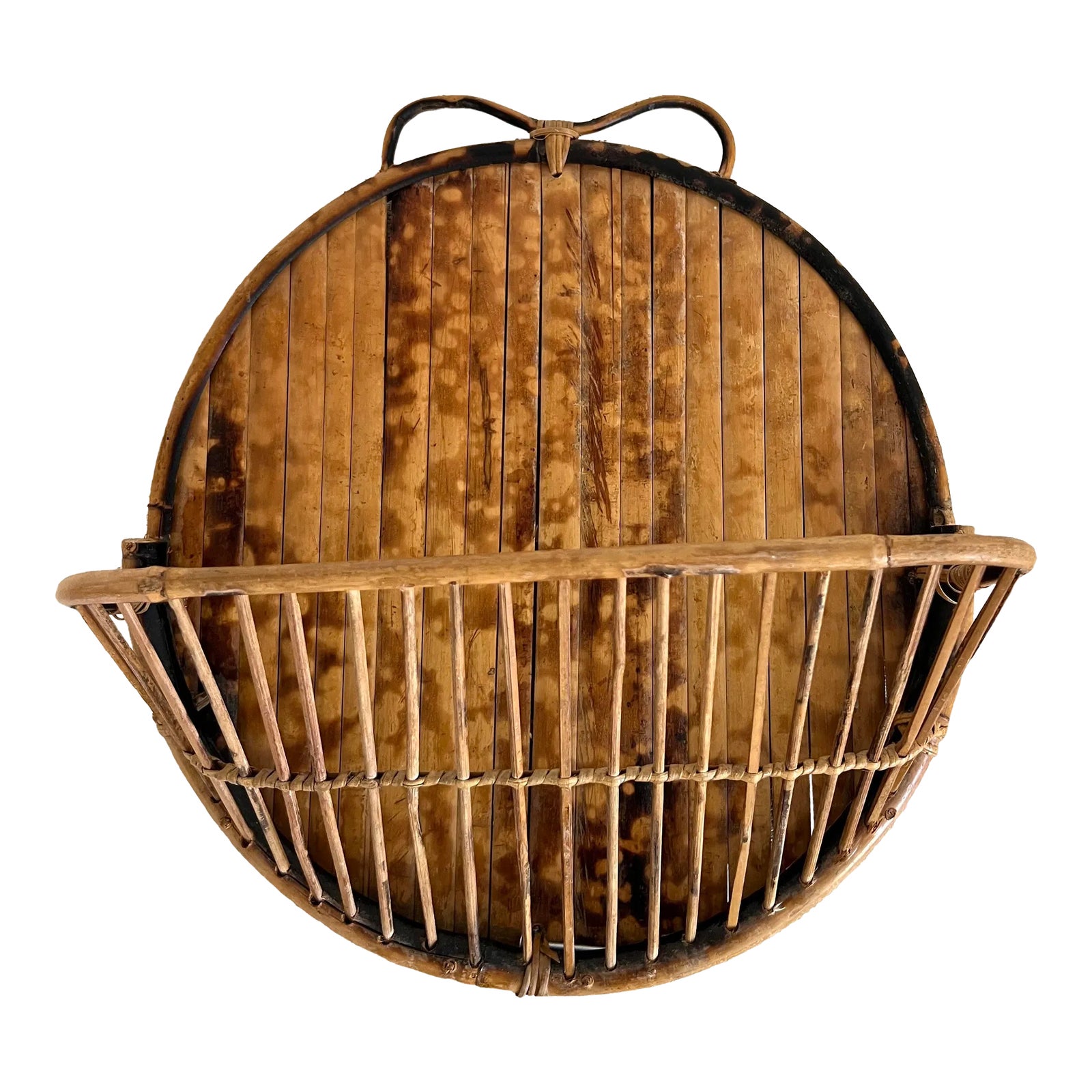 Vintage Burnt Tortoise Rattan Round Wall Shelf | Chairish