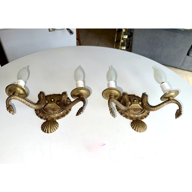 Pair Neoclassic Dolphin Shell Brass Wall Sconces | Chairish