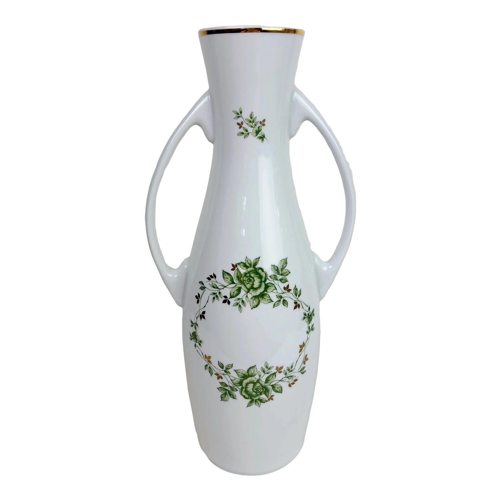 1950s Hollohaza Hungary Erika Green Floral Handled Porcelain Vase ...