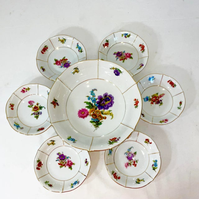 1904 Antique German Flora Design Serving Bowl Set - Set of 7 | Chairish