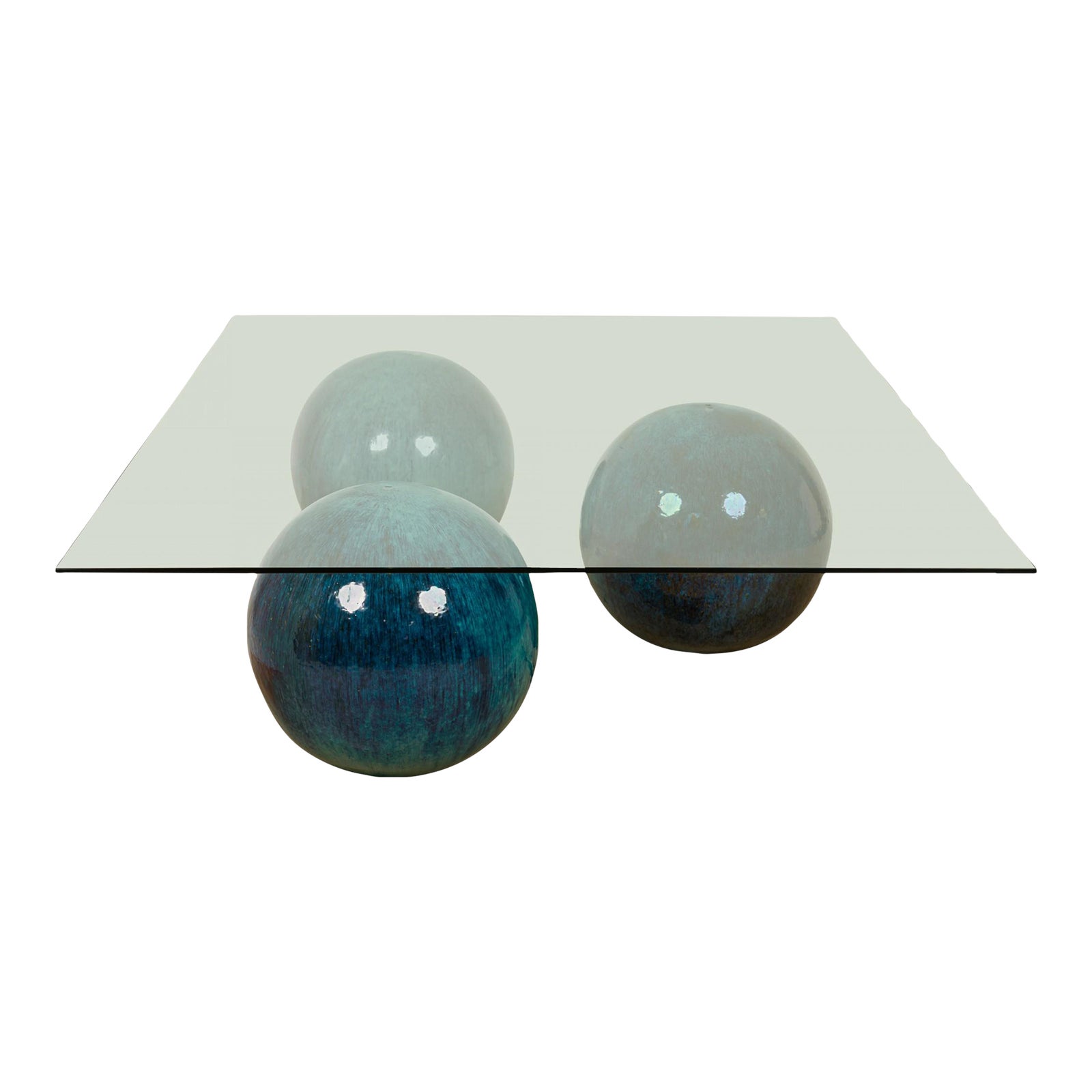 Contemporary Large Rectangular Clear Glass and Blue Ceramic Sphere ...