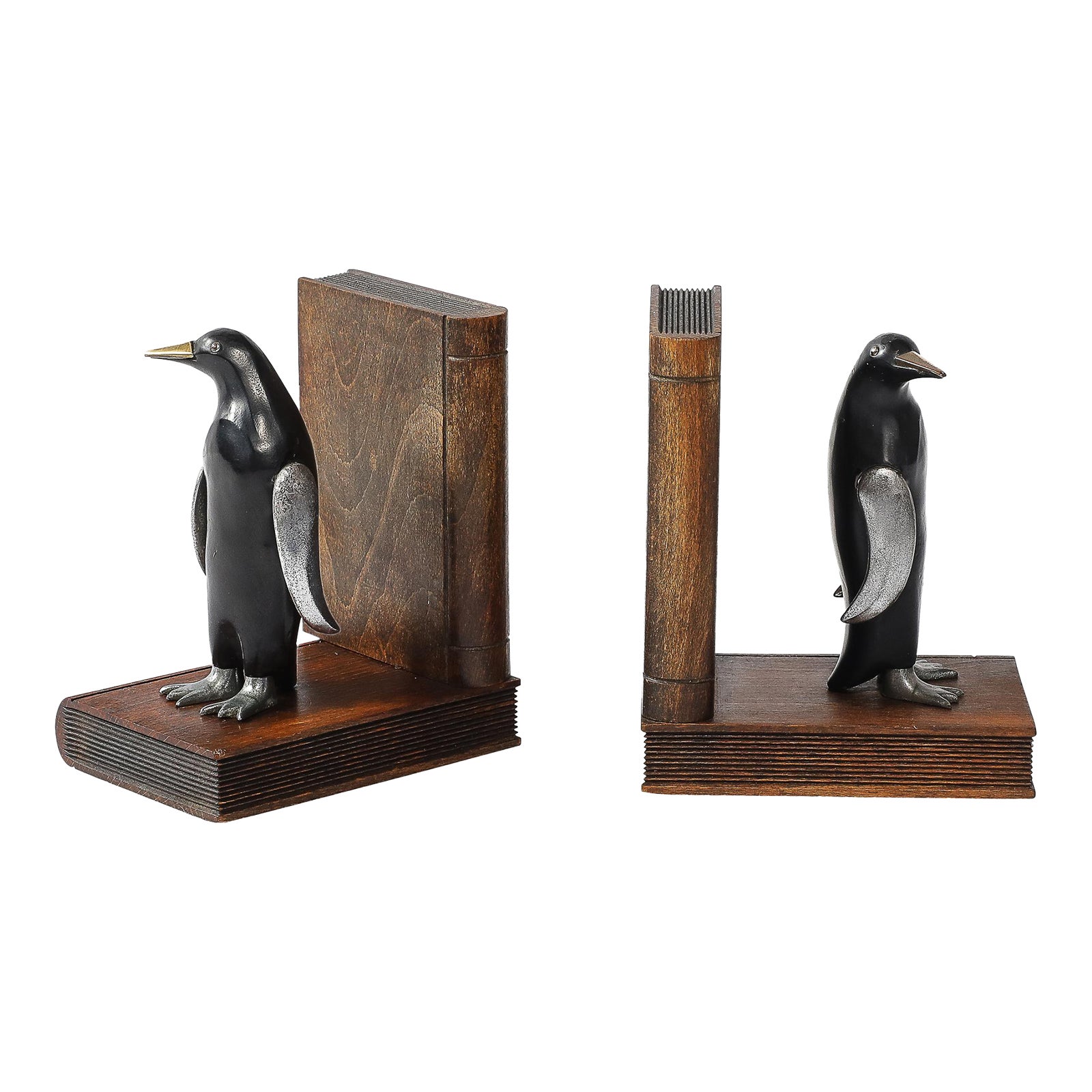 Pair of Art Deco Walnut, Black Enamel & Brass Sculptural Penguin ...