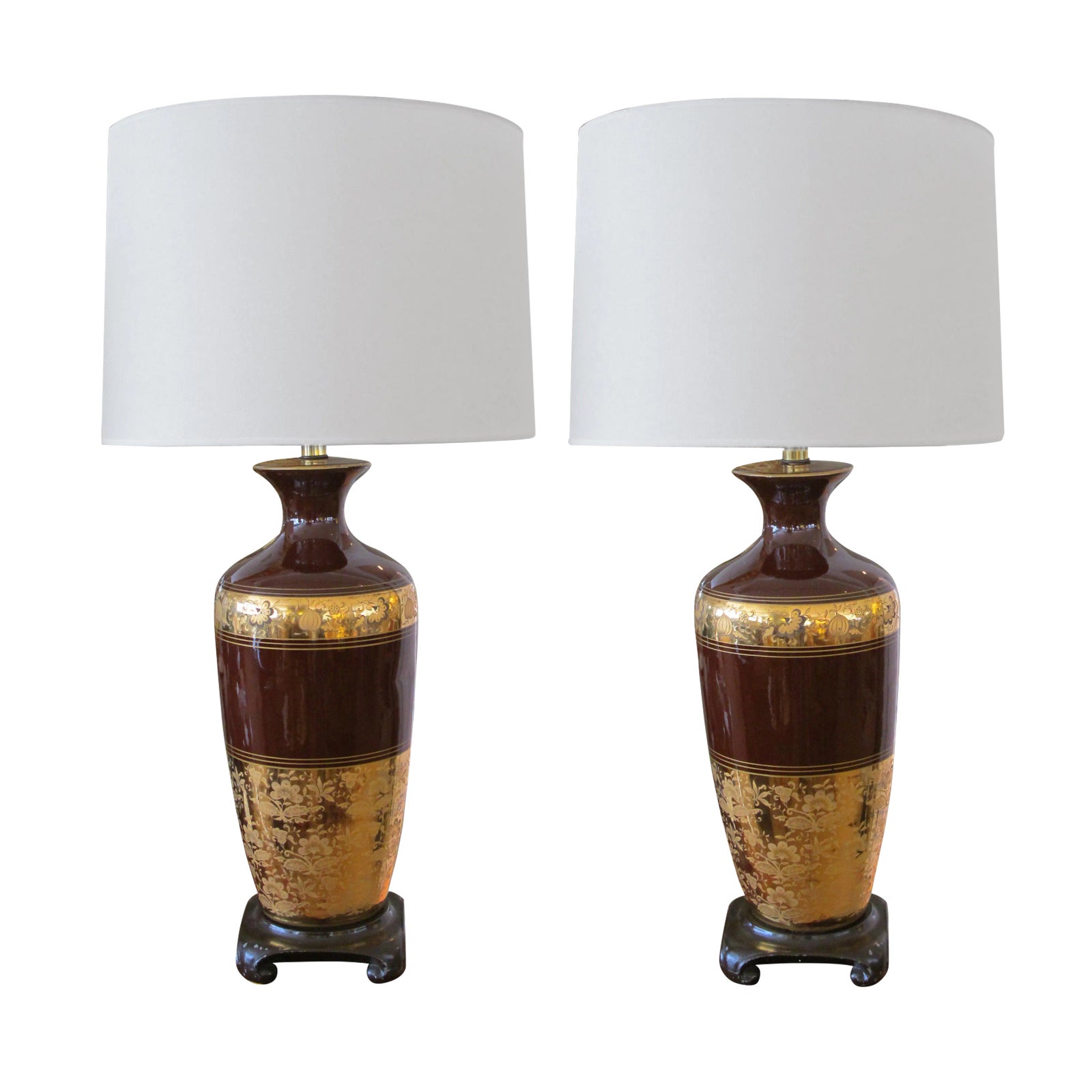 American Chocolate-Brown Ceramic Lamps W/Gilt Decoration - a Pair ...