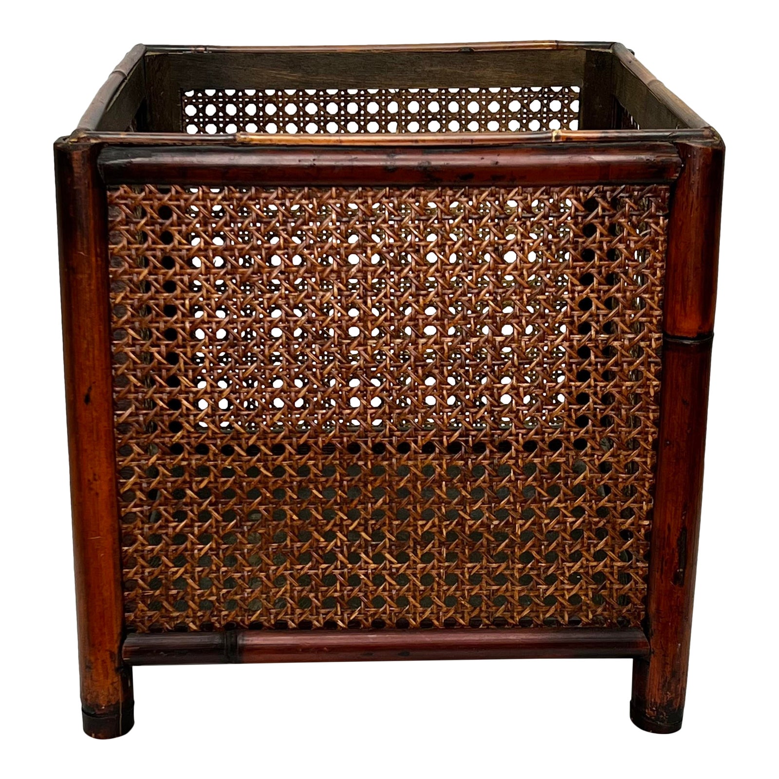 Mid Century Bamboo and Cane Cachepot | Chairish