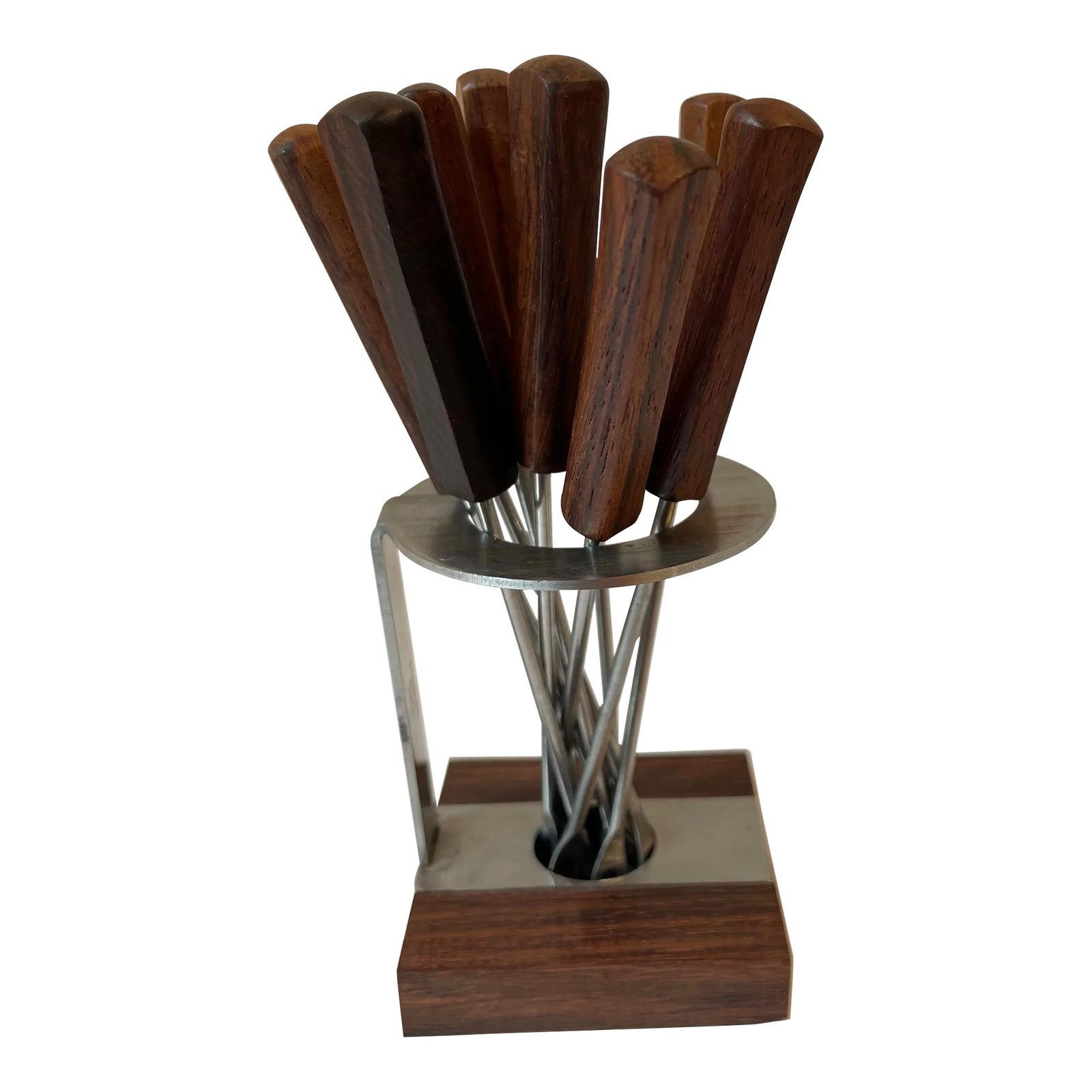 Mid Century Teak Handle Hors d'Oeuvre Forks With Stand | Chairish