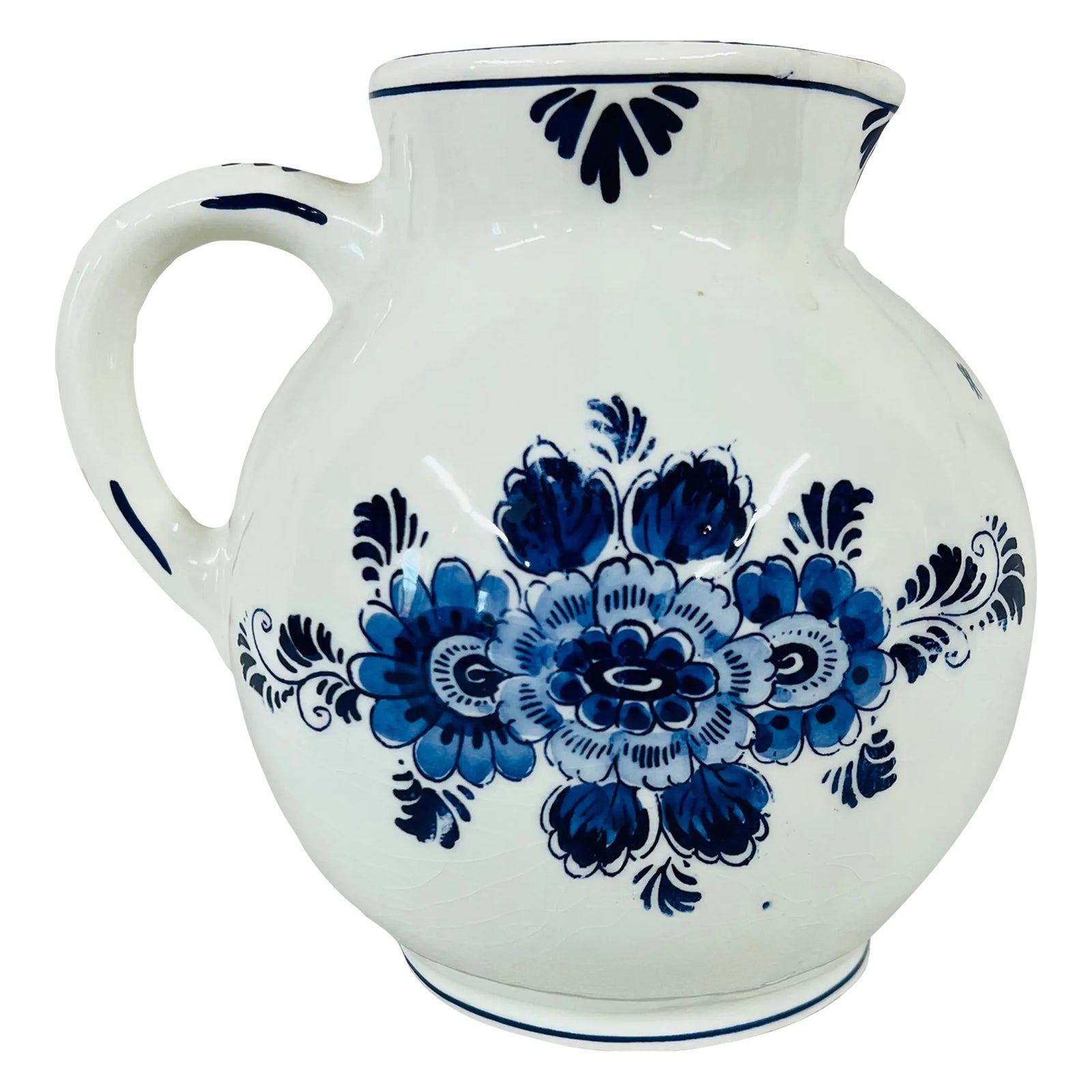 Late 20th Century Blue Delft Pitcher With Floral Pattern | Chairish