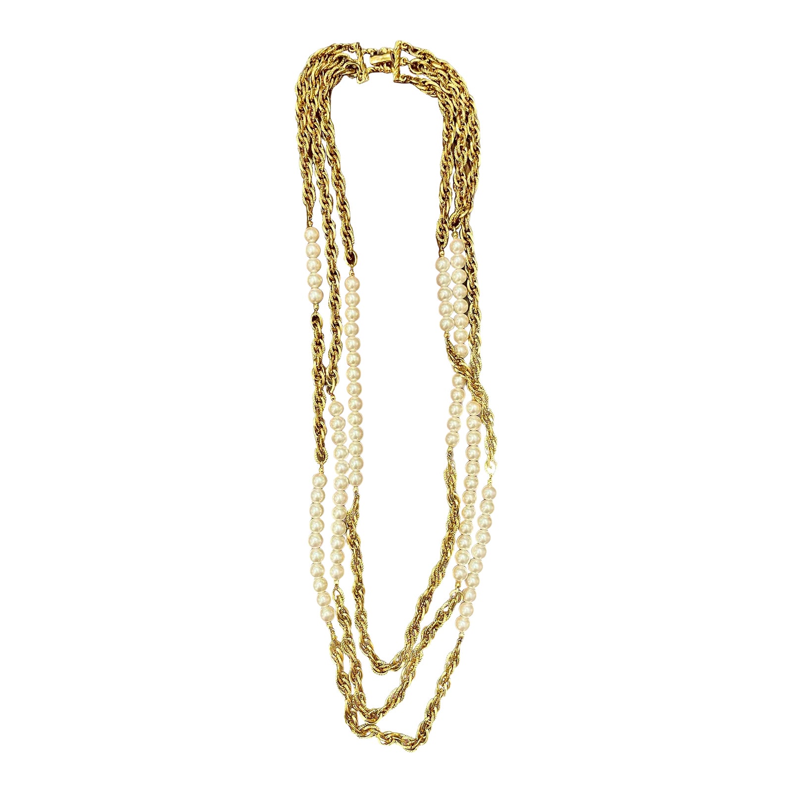 Vintage Chanel Look Triple Gold Chain and Faux Pearl Necklace | Chairish