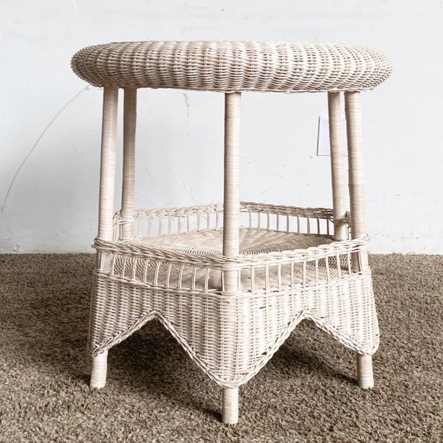 Boho Chic White Washed Wicker Side Table | Chairish