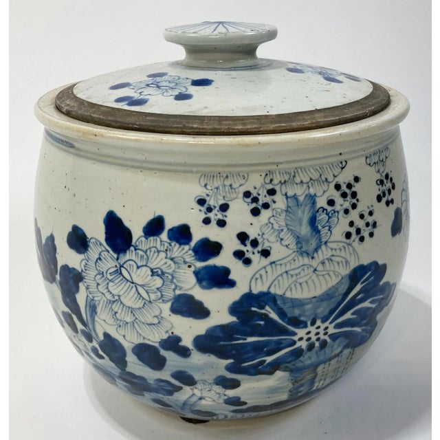 Antique Large Blue and White Lidded Crock | Chairish