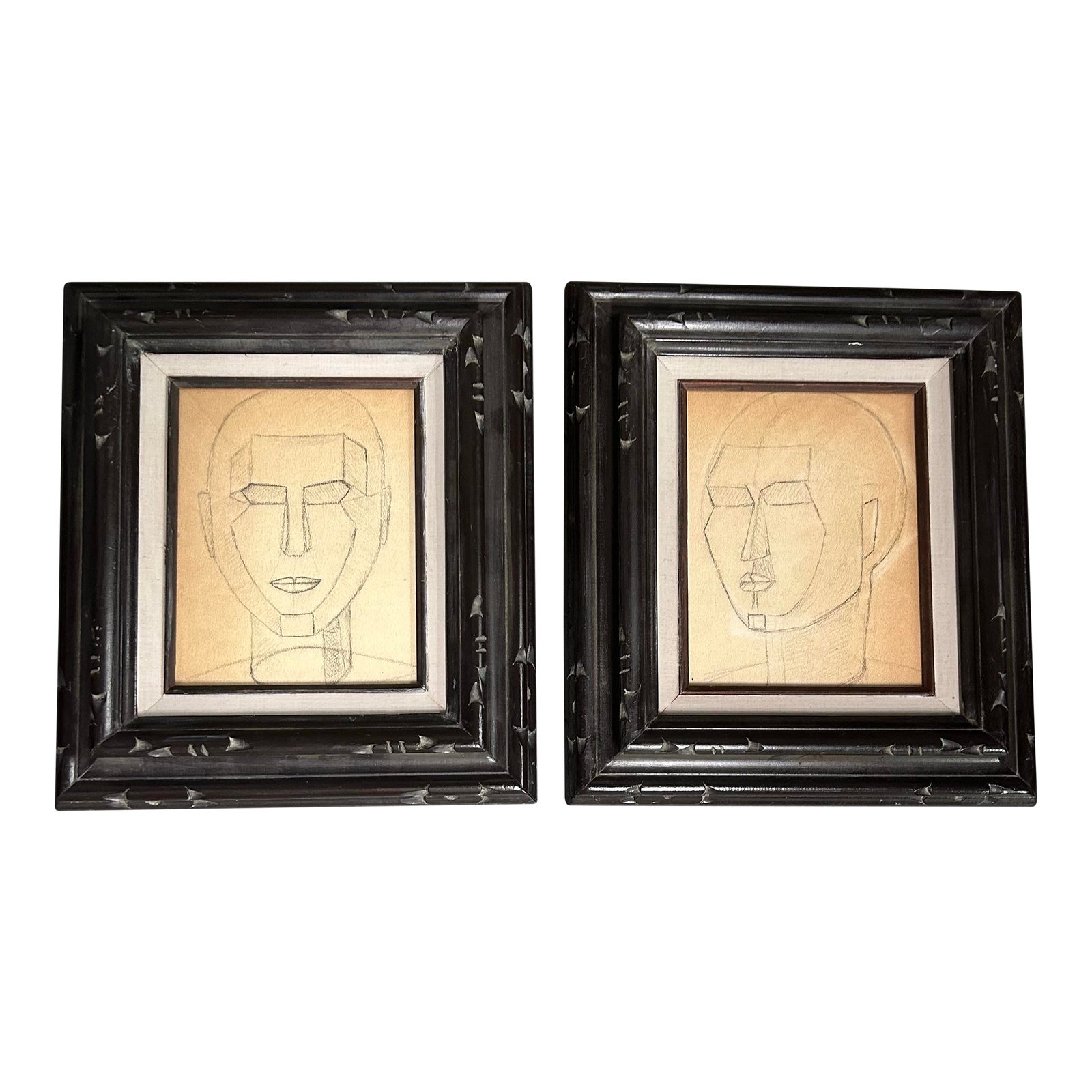 1930’s Two Original Cubist Charcoal Face Study Drawings in Chunky Wood ...