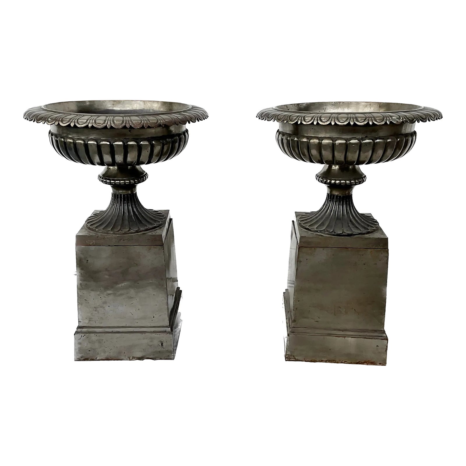 Pair of Polished Steel English Urns on Stands | Chairish