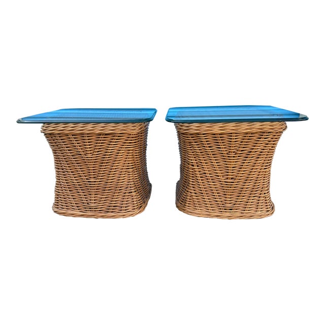 1980s Pair of Wicker Rattan Side Tables | Chairish