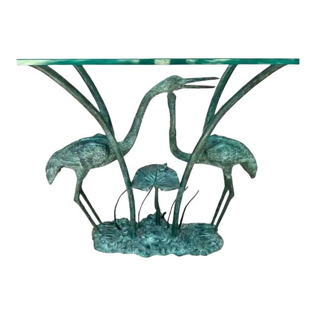 Labarge Bronze Crane and Lily Pad Glass Top Console Table | Chairish