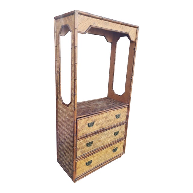 Vintage Woven Wicker and Bamboo Etagere With Drawers | Chairish