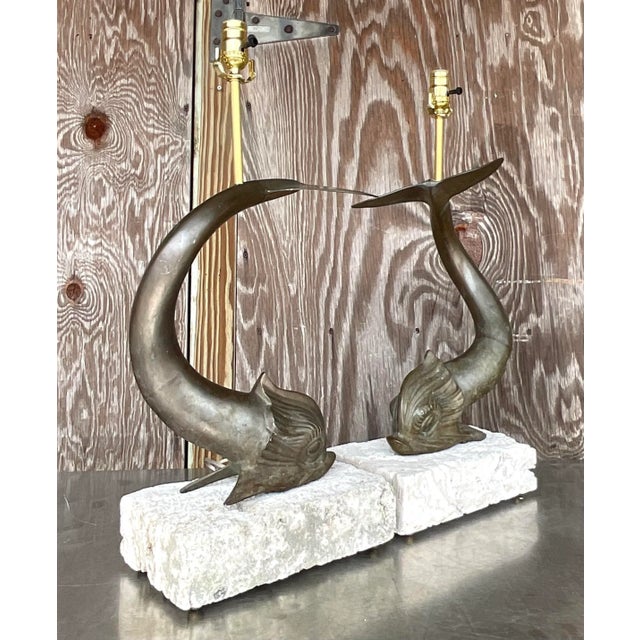 Vintage Coastal Bronze Koi Fish on Coquina Block Lamps - a Pair | Chairish