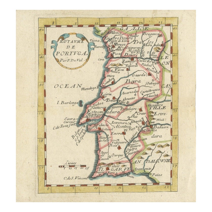 Antique Miniature Map of Portugal by Pierre Du Val, Paris, France, 1680 ...