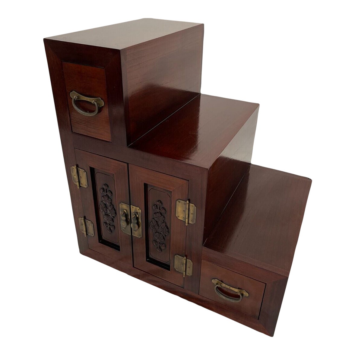 1980s Vintage Tansu Stair Step Chest Two Pass Through Drawers Double ...