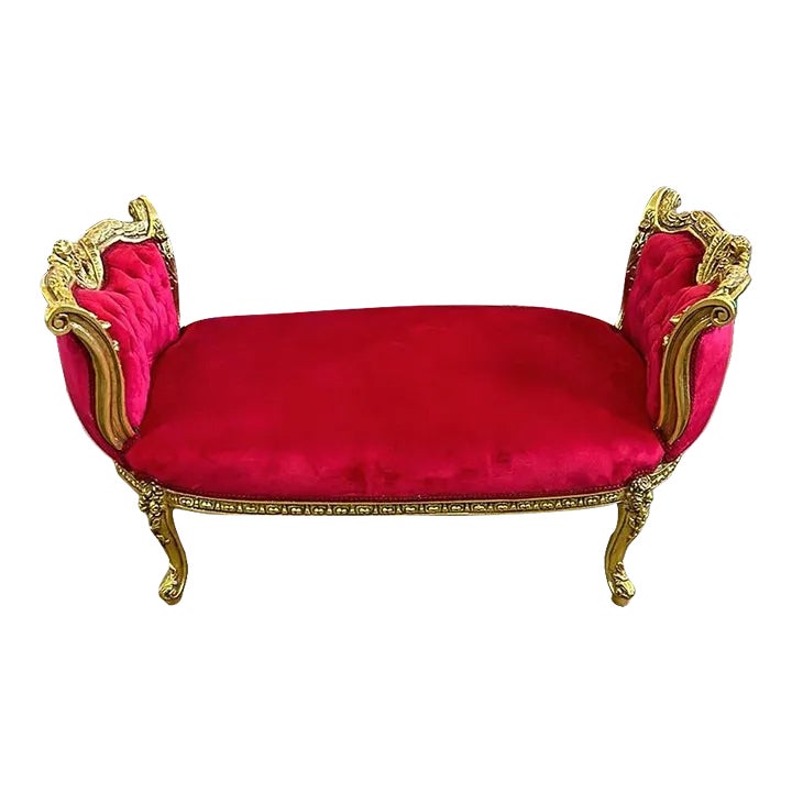 1990s Baroque Style Red Velvet Tufted Bench | Chairish