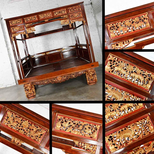Vintage Chinoiserie Chinese Elm Wedding Opium Canopy Bed Hand Carved ...
