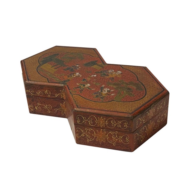 Chinese Distressed Brown People Graphic Rectangular Decagon Shape Box ...