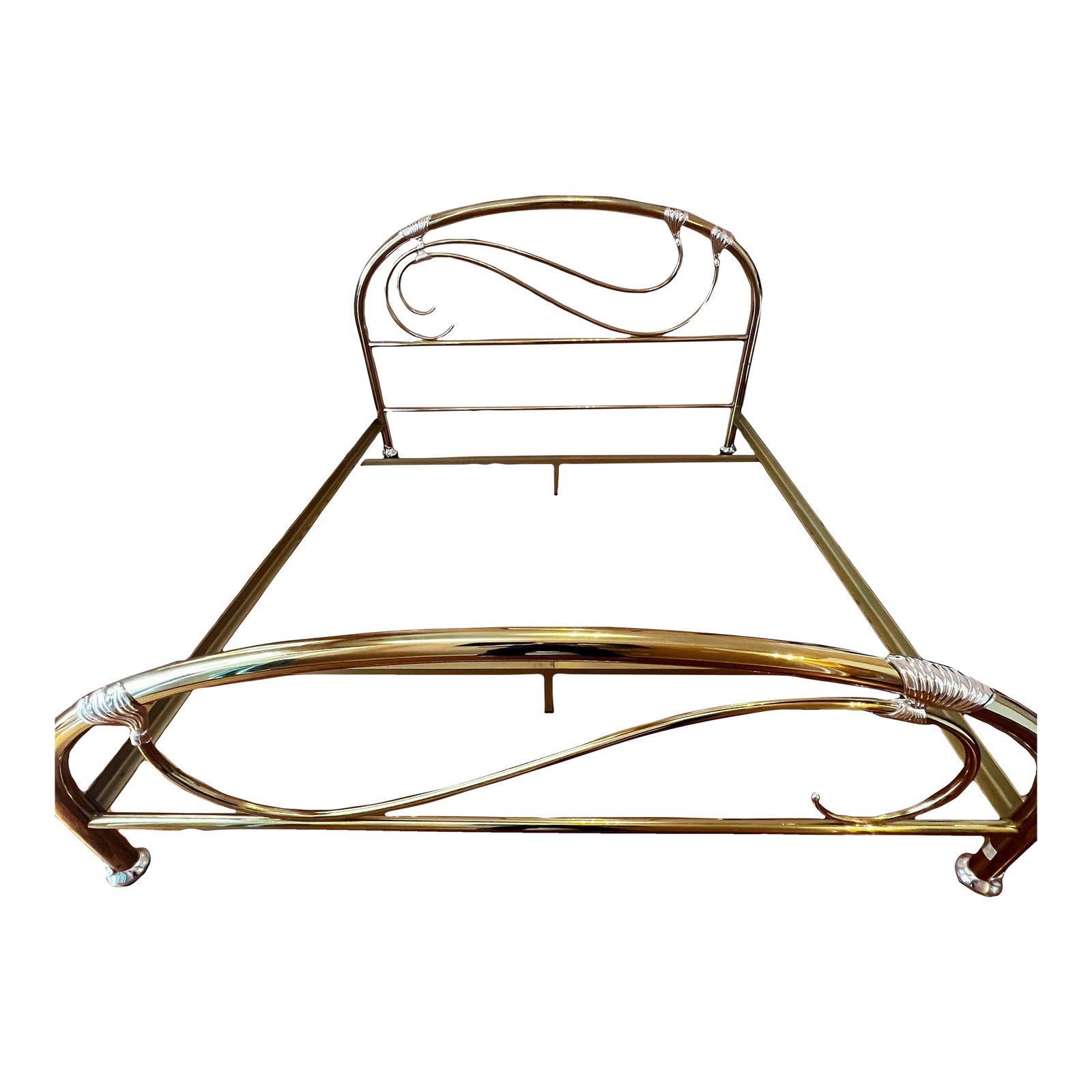 1980s Art Deco Brass Gold & Silver Curved Italian King Bed Frame | Chairish