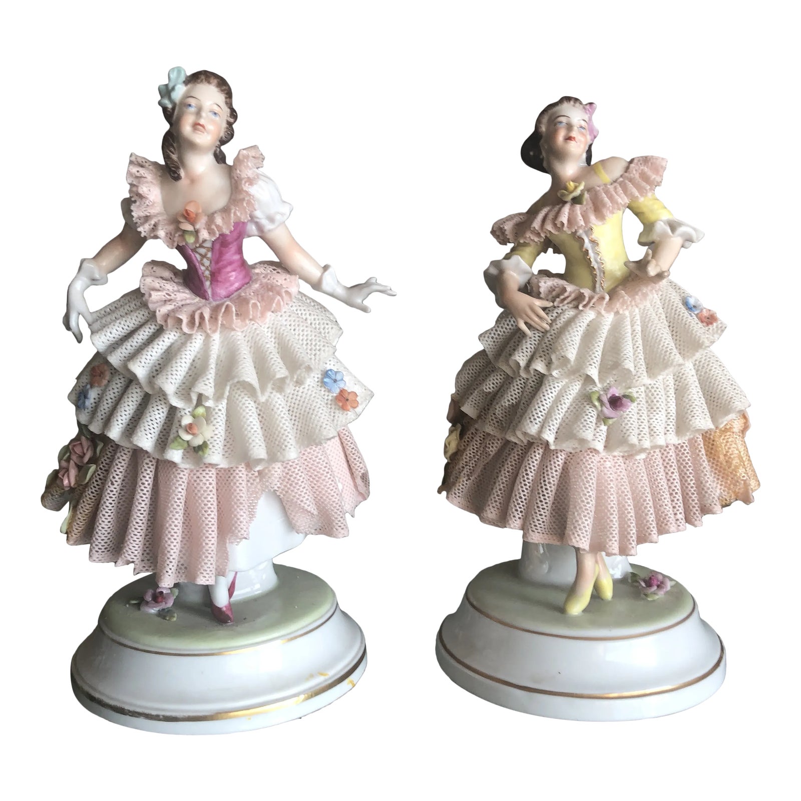 1940s Female Porcelain Figurines With Dresden Lace - a Pair | Chairish