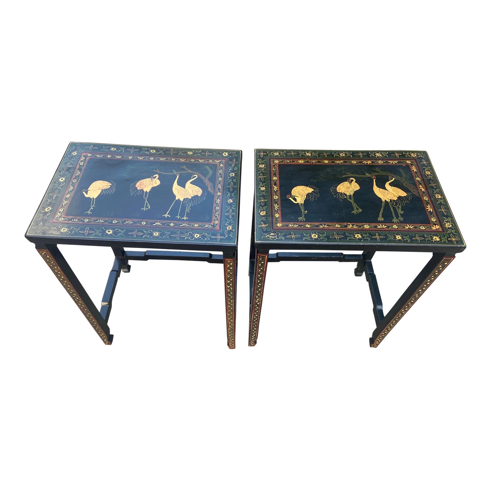 Asian Hand Painted Chinoiserie Side Table Crane a Pair | Chairish