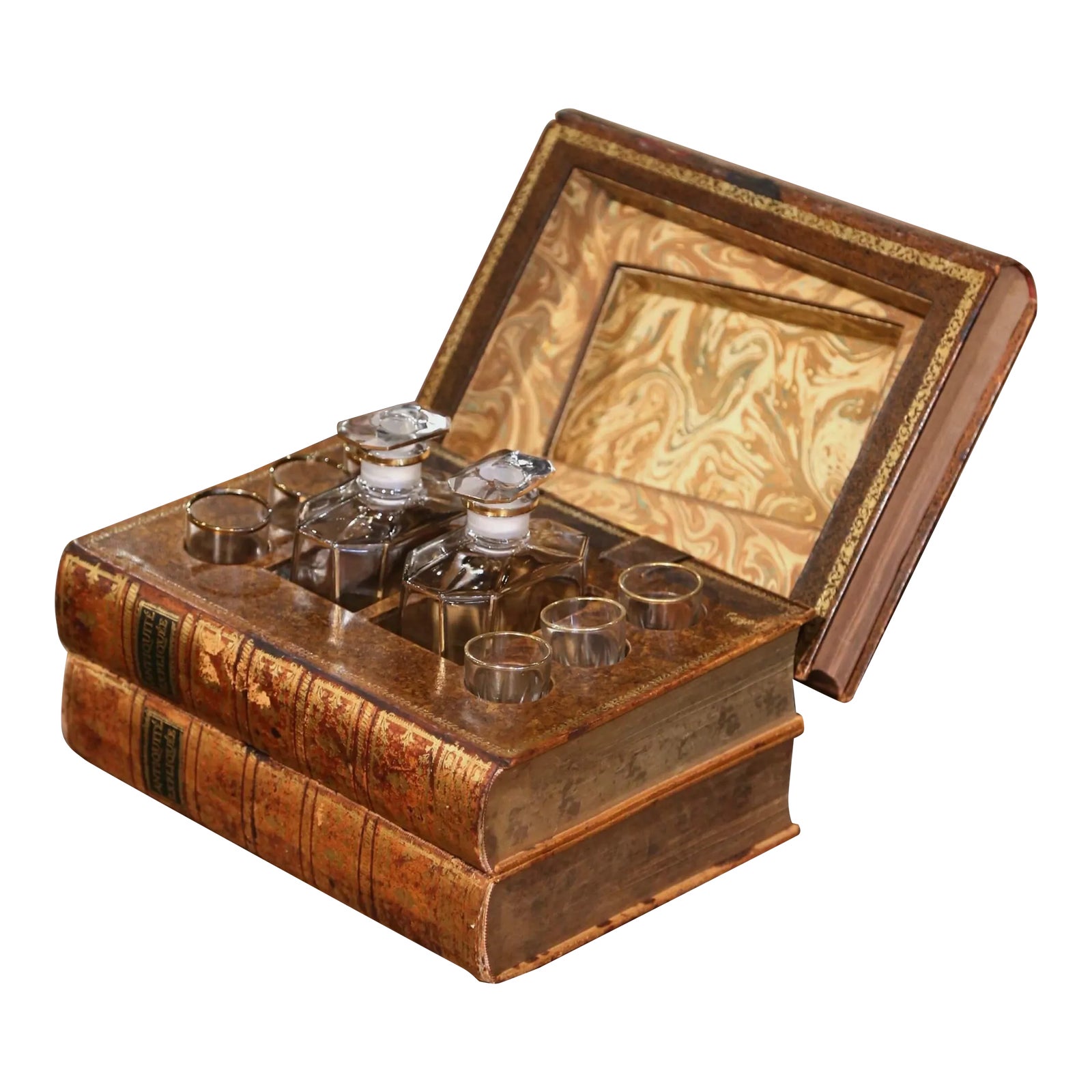 Mid-Century French Leather Book Liquor Box With 6 Shot Glasses and 2 ...