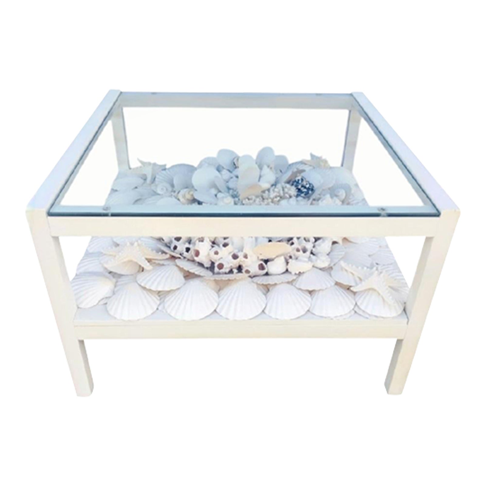 Custom Made Coastal Square White Seashell Encrusted Coffee Table | Chairish