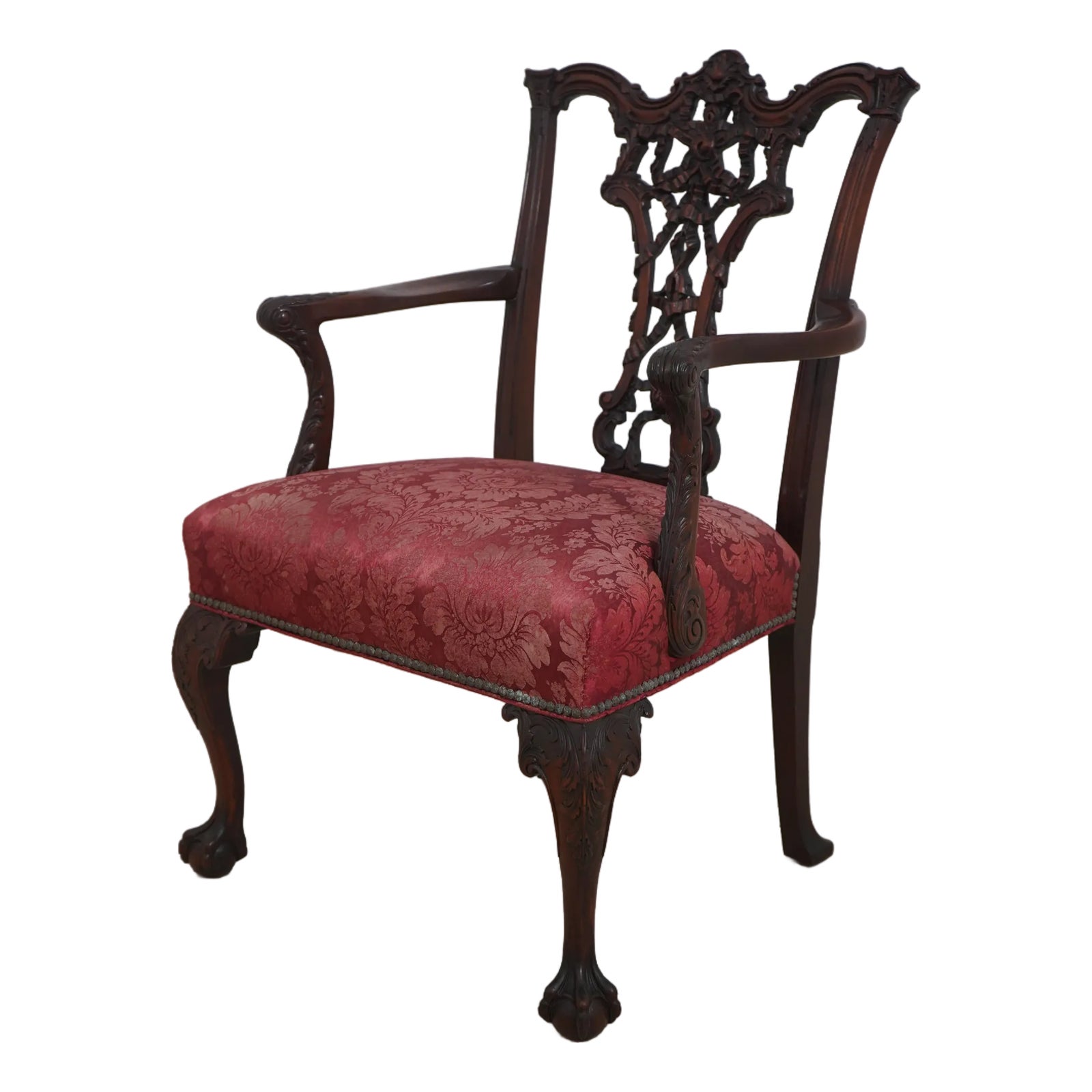 Vintage Mahogany Carved Chippendale Style Library Chair | Chairish