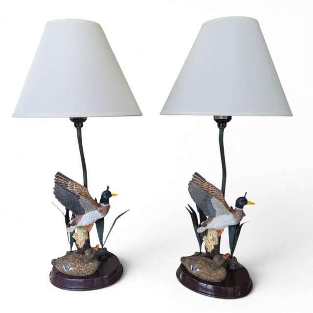 Vintage Tole Style Mallard Duck Lamps With Lamp Shades- A Pair | Chairish