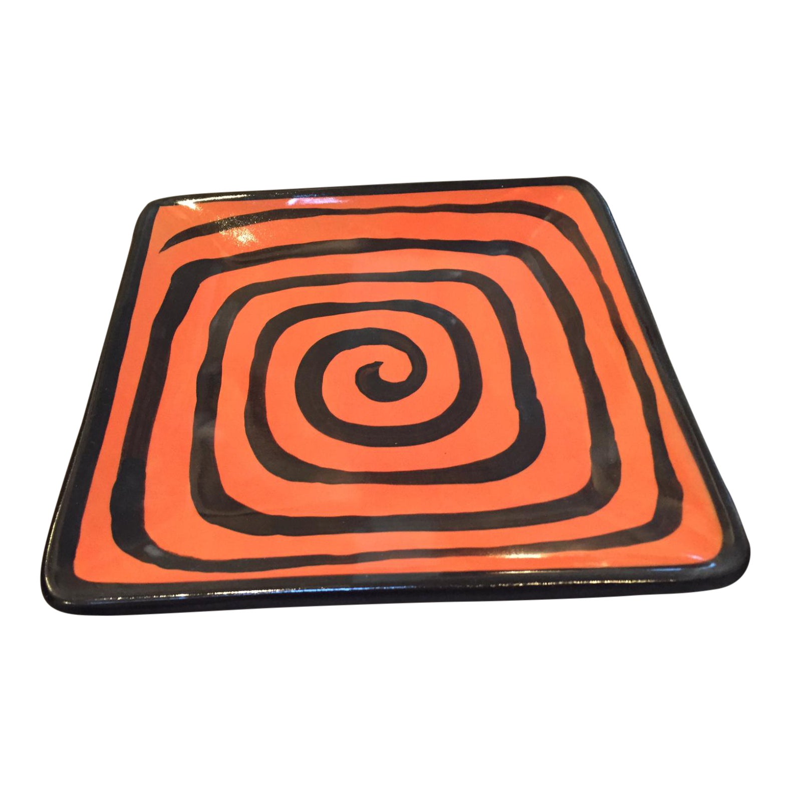 Orange & Black Square Pottery Plate | Chairish