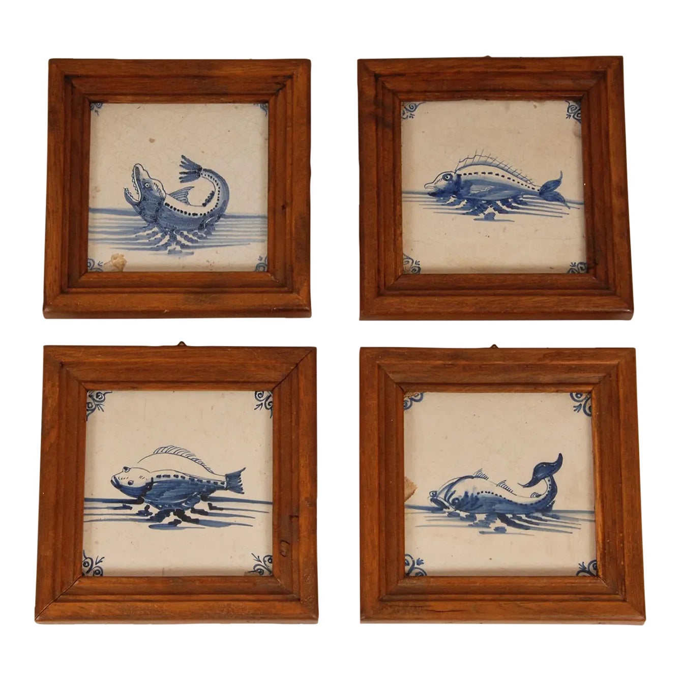17th Century Delft Tiles Framed Sea Creatures Monsters Blue and White ...