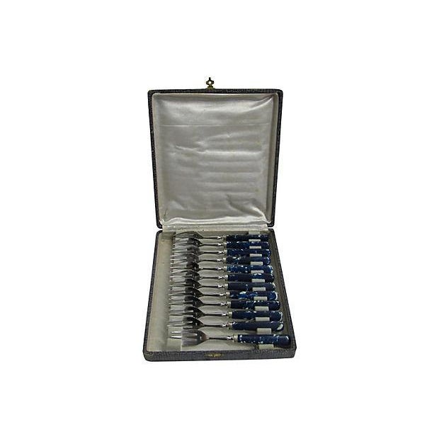 French Blue & White Dessert/Fish Forks - Set of 12 | Chairish