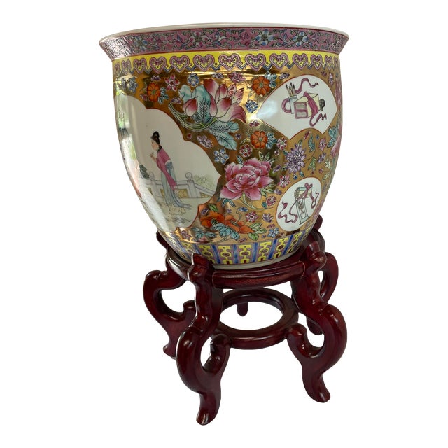 Vintage Chinese Jardiniere Cachepot With Wooden Stand. | Chairish
