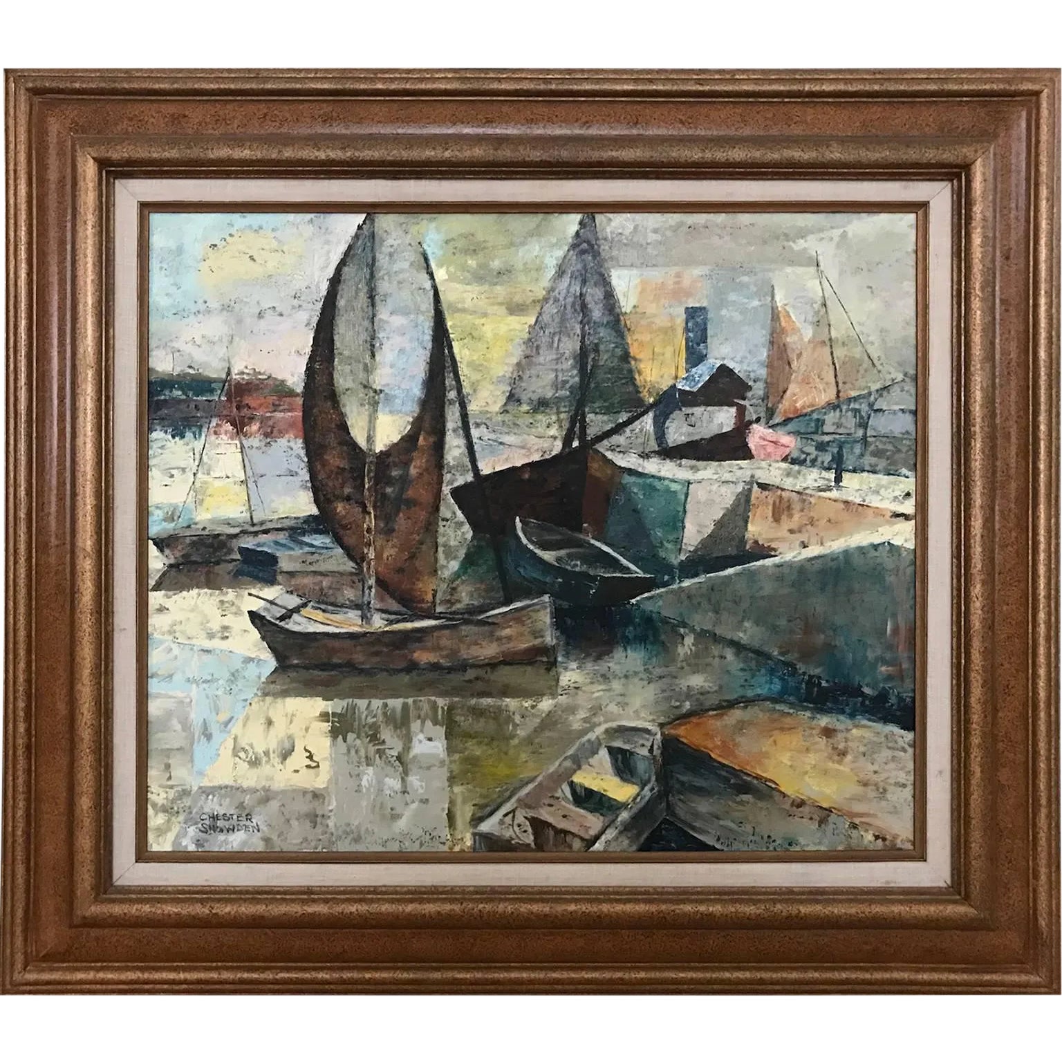 Chester Dixon Snowden 1 Oil Painting of Cubist Boats 1950s | Chairish