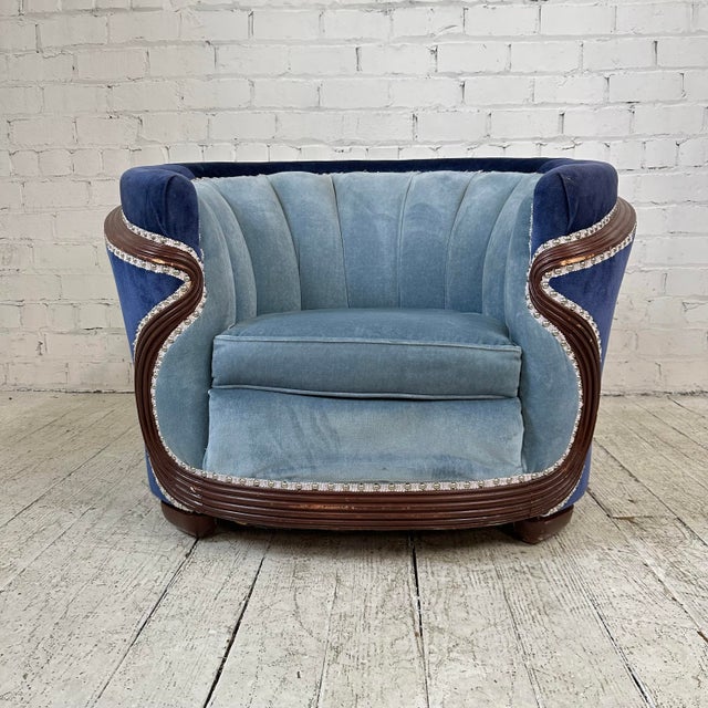 Art Deco Curved Lounge Chair With Wood Trim | Chairish
