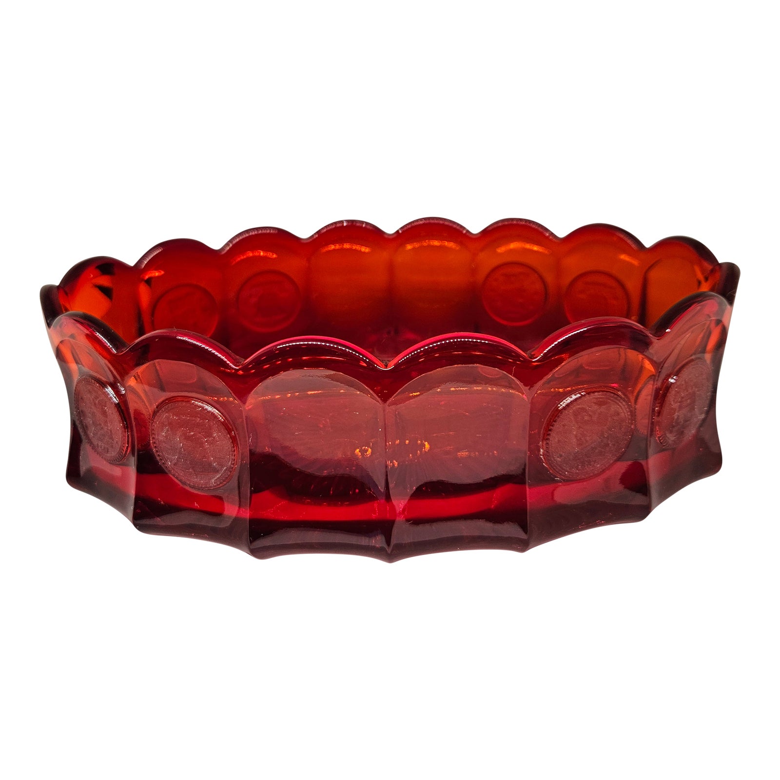 Vintage Fostoria Ruby Red Coin Glass Scalloped Oval Bowl 9" | Chairish