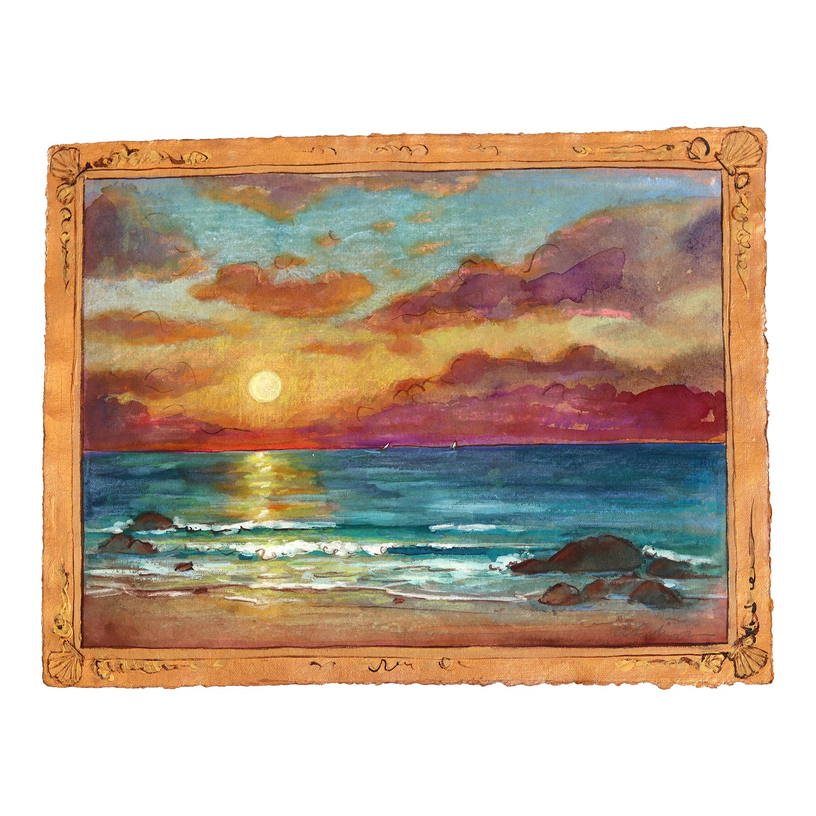 My Island - Colorful Sunset Oceanscape Still Life Oil Painting on Paper ...