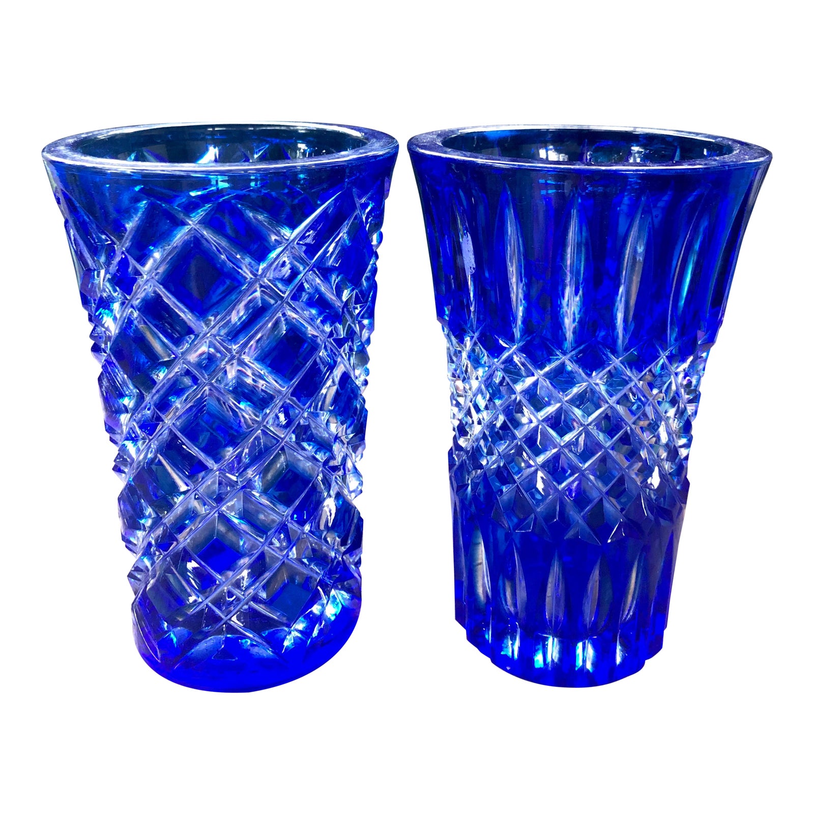 Vintage Mid Century Cobalt Blue Cut To Clear Crystal Glass Vases A