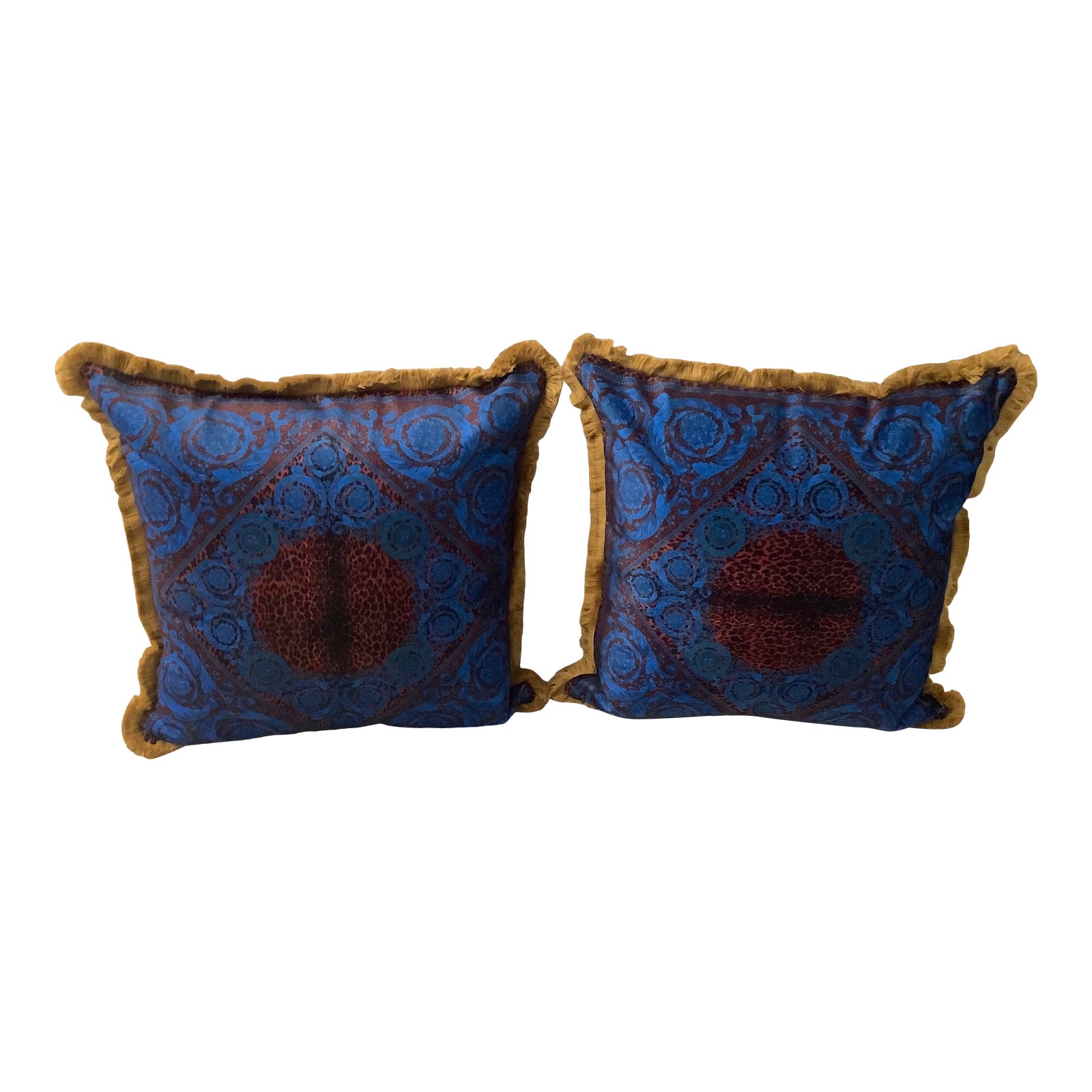 Atelier Versace Custom Made Blue Red Baroque Velvet With Fringe Pillows ...