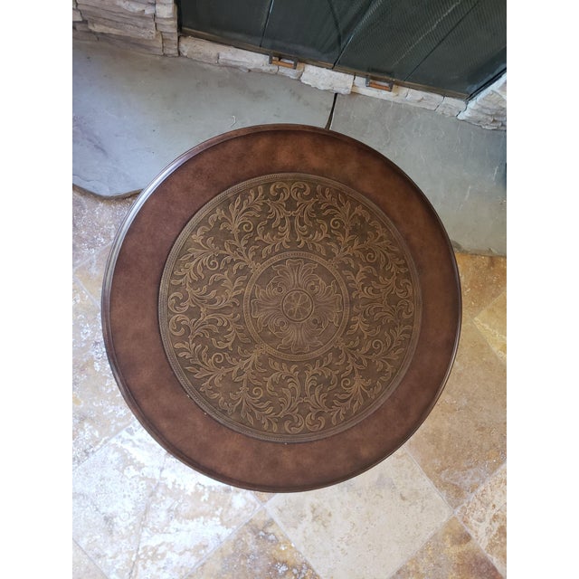 Nailhead Trim Leather Wrapped Side Table With Scrolling Metal Base ...