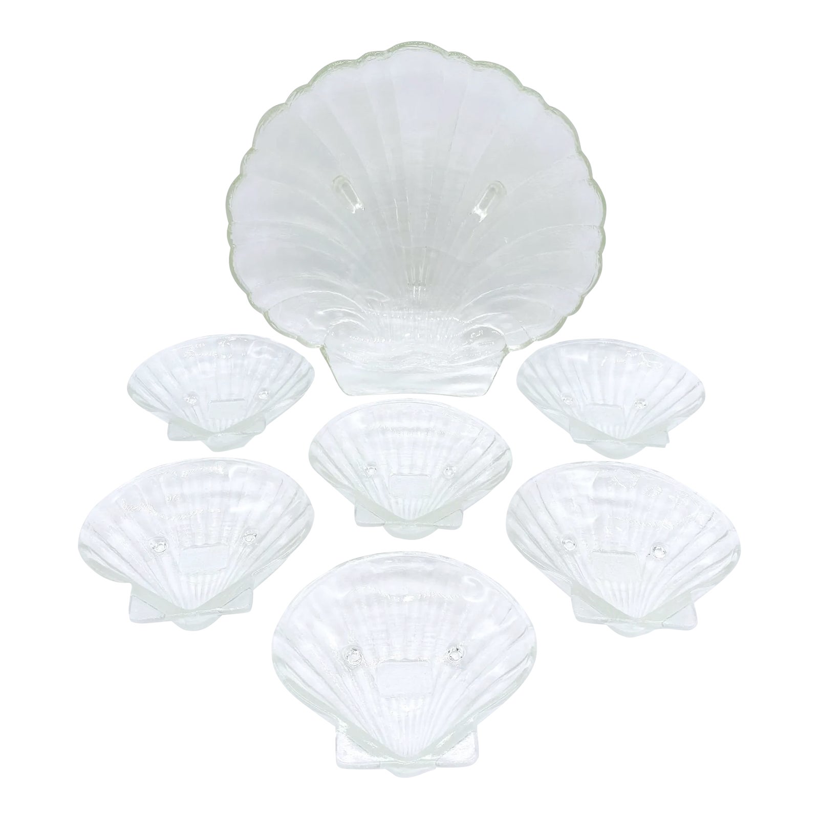 Vintage Transparent Glass Seashell Clam Shell Bowls- Serving Set of 7 ...